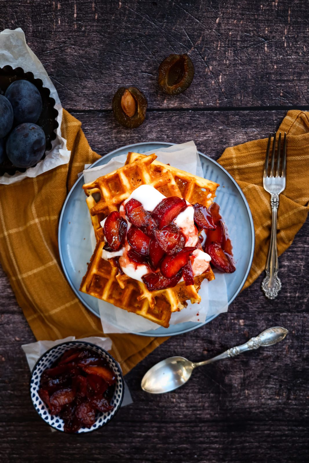 The Perfect Easy Waffles Recipe served with roasted balsamic plums