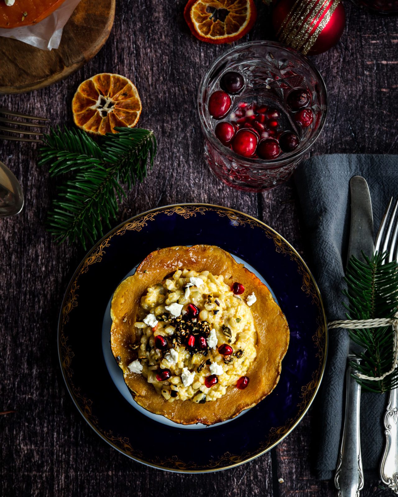 Festive Pumpkin Risotto with Pomegranate Seeds and Feta Crumbs