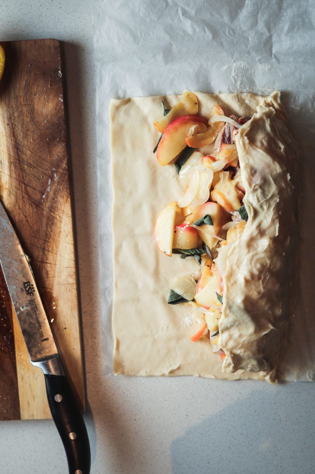 Fancy Pork tenderloin in puff pastry with caramelized apples and onions ...